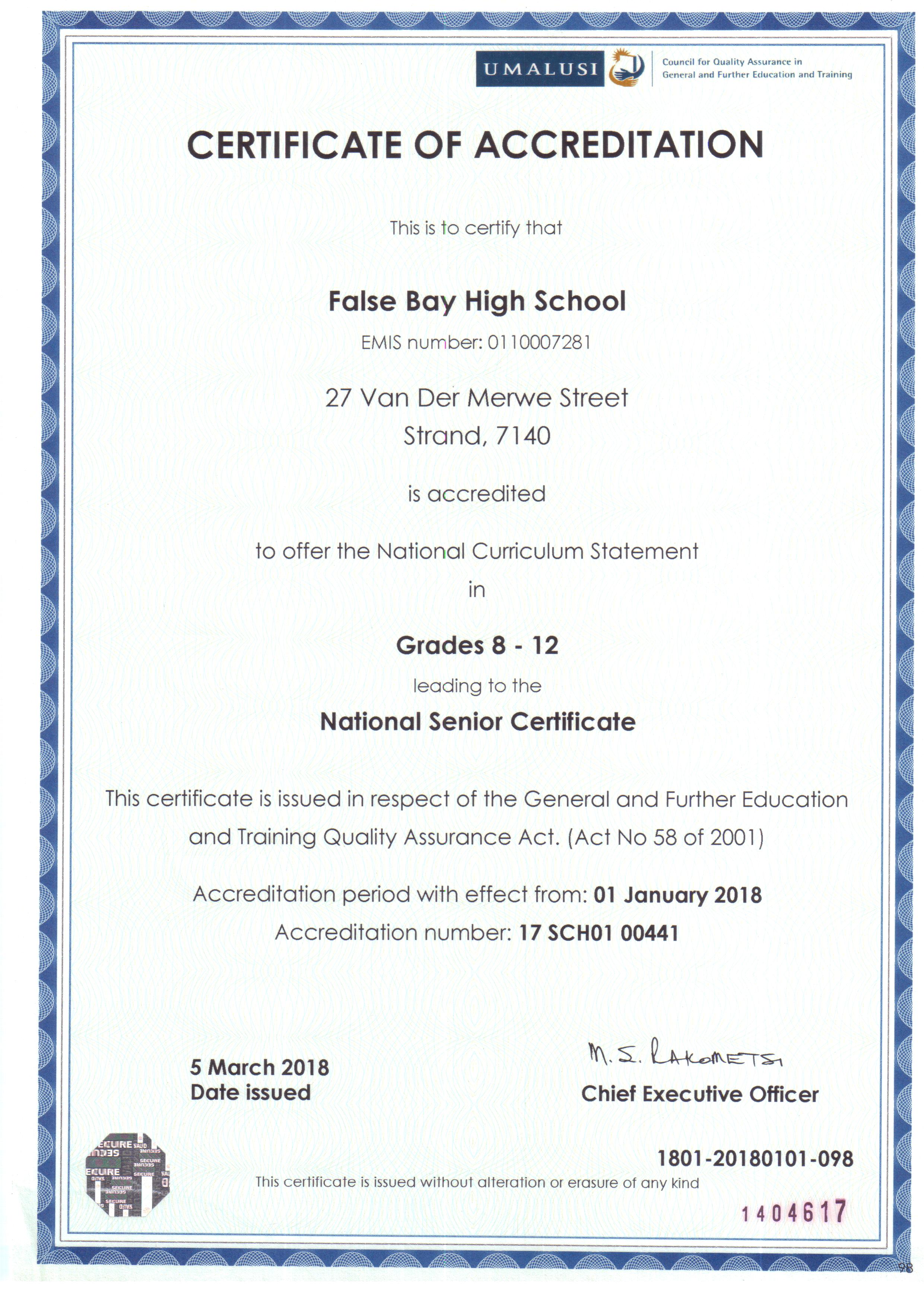 UMALUSI Accredited False Bay High UMALUSI Accredited False Bay High